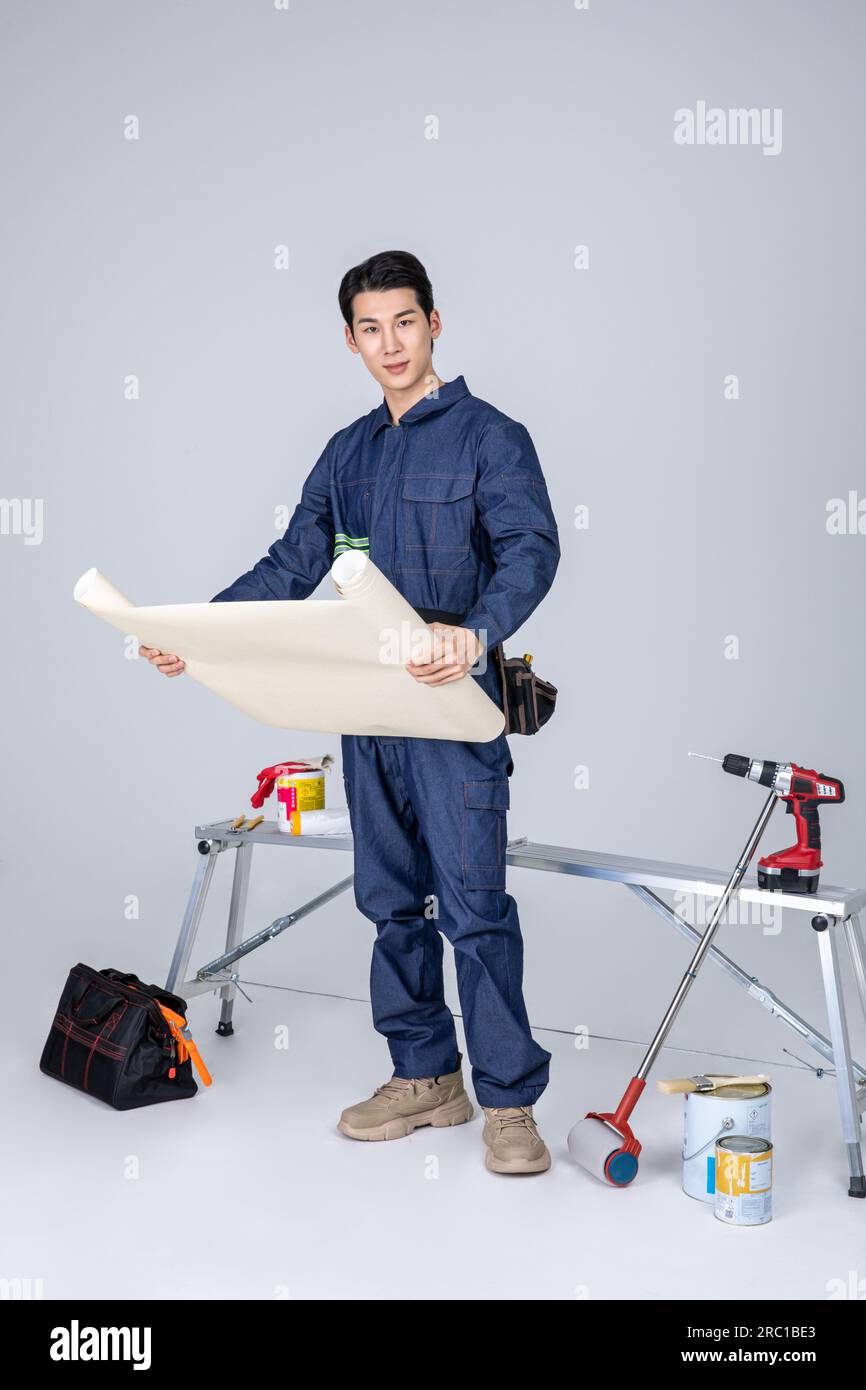 millennials and gen z, korean asian young man, site staff with ...