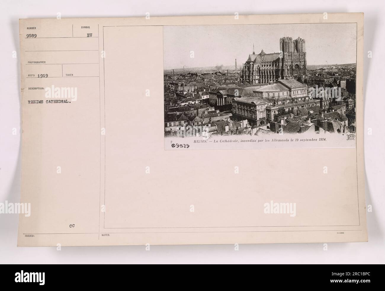 The photograph shows the aftermath of the burning of Reims Cathedral ...