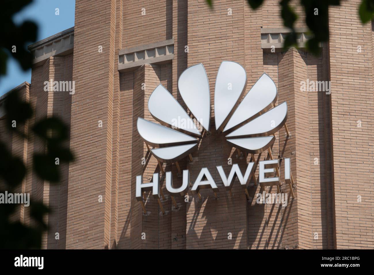SHANGHAI, CHINA - JULY 11, 2023 - The LOGO of Huawei's global flagship ...
