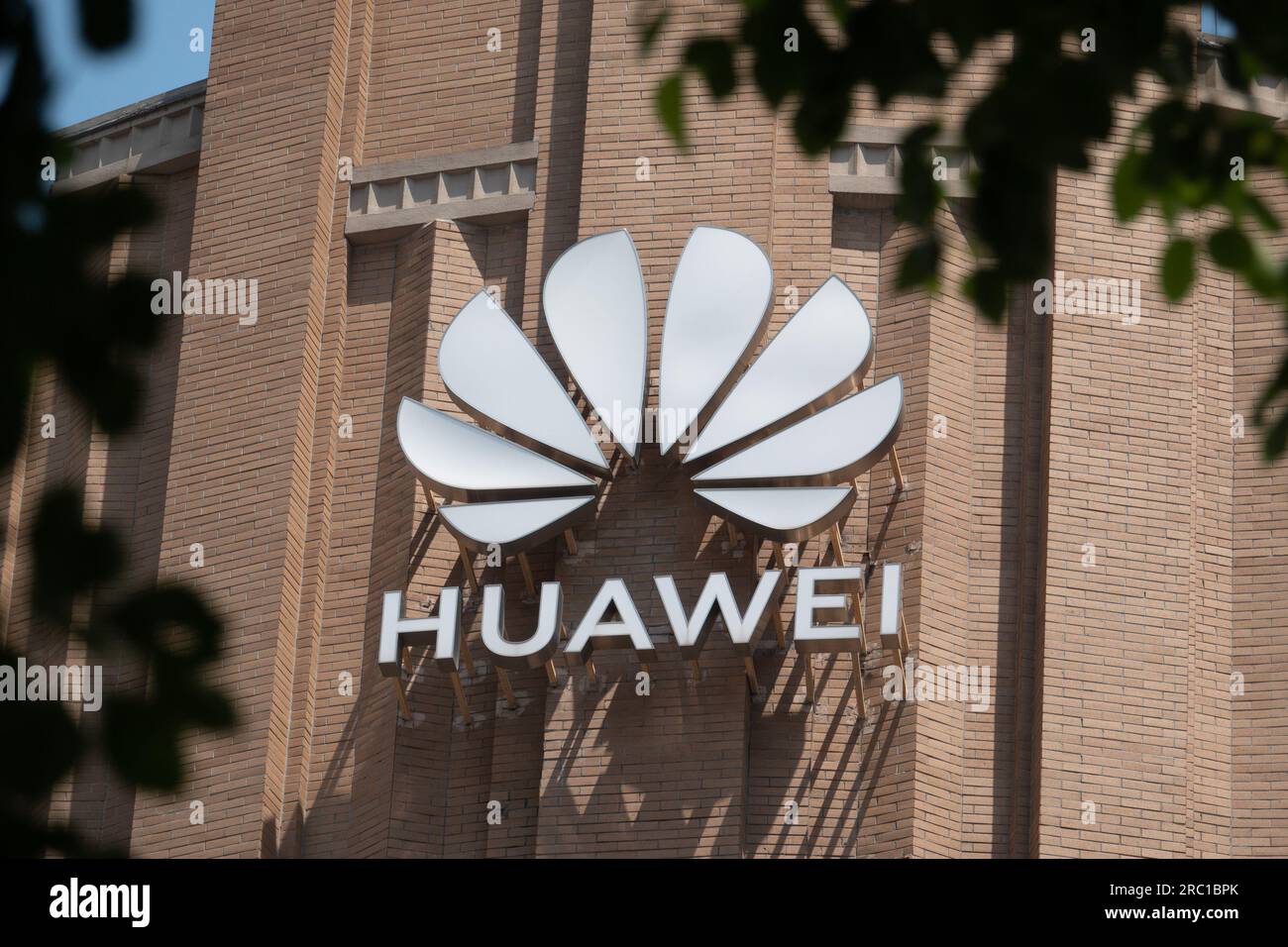 SHANGHAI, CHINA - JULY 11, 2023 - The LOGO of Huawei's global flagship ...