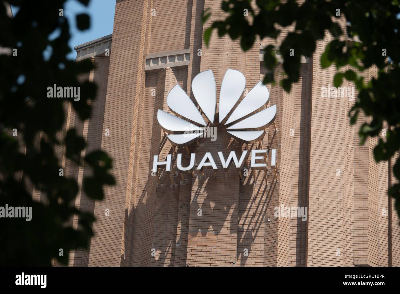 SHANGHAI, CHINA - JULY 11, 2023 - The LOGO of Huawei's global flagship ...