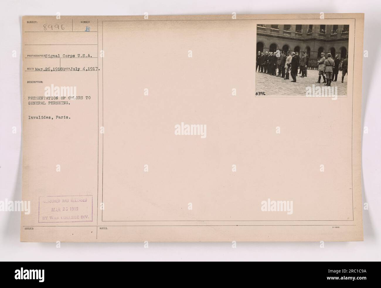 The image shows the presentation of colors to General Pershing at ...