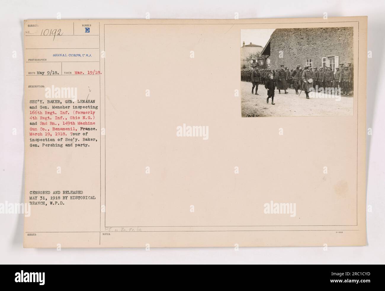 Secretary Baker, General Lenahan, and General Menoher inspect the 166th Regiment of Infantry ...