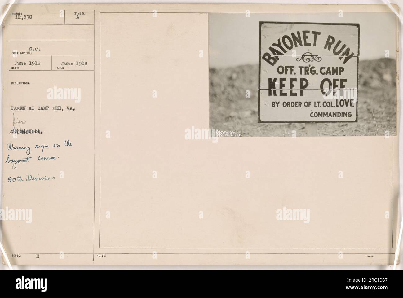 "Warning sign on bayonet course at Camp Lee, VA in June 1918. The sign ...