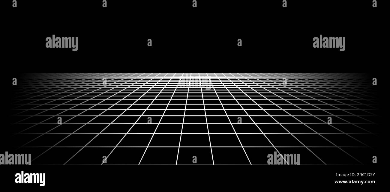 Fading wireframe grid. Vanishing checkered tile floor landscape. Disappearing horizontal ...