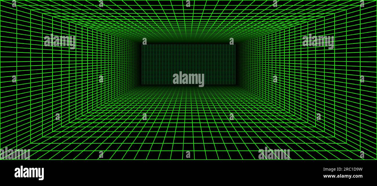 Neon green wireframe grid room. 3d perspective background. Futuristic digital outline space ...