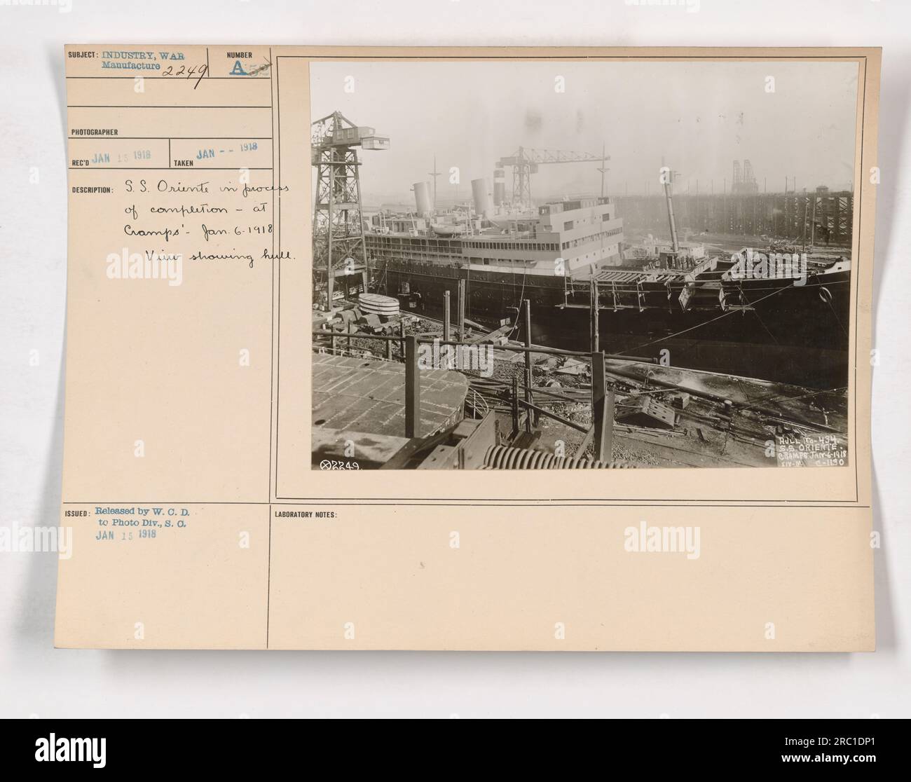 S.S. Oriente being built at Cramps Ship Yards in January 1918. The ...