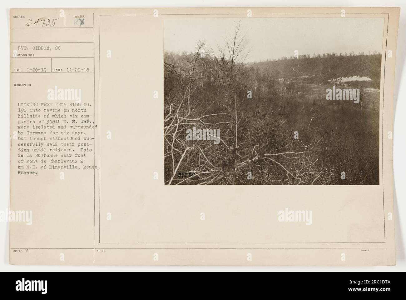 111-SC-34735 is a photo taken by Pvt. Gibbon on 11-22-18. The image shows a view looking west ...