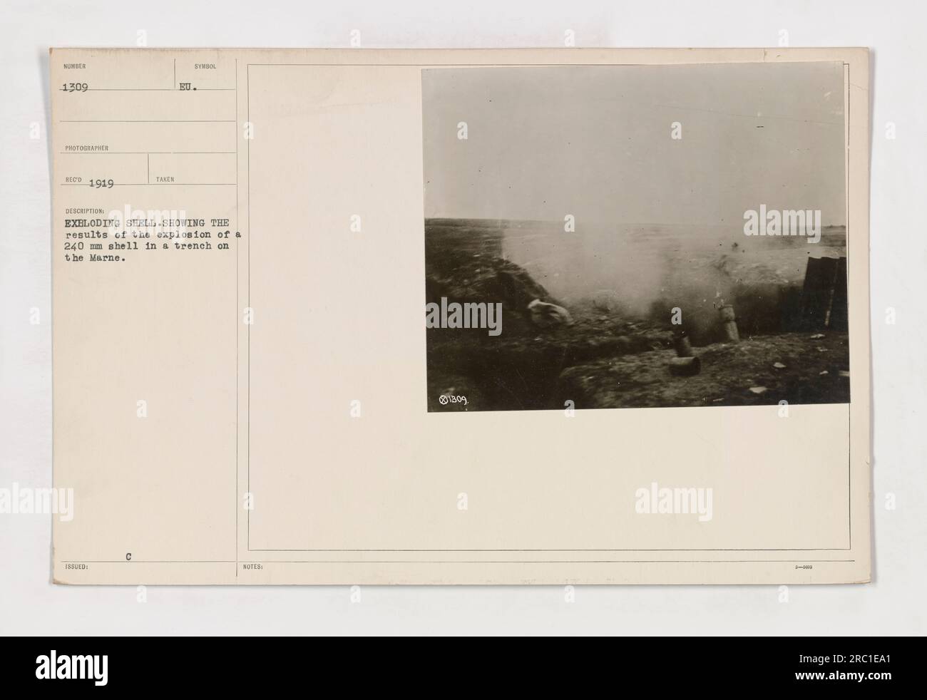 An explosion of a 240 mm shell in a trench near the Marne, showing the ...