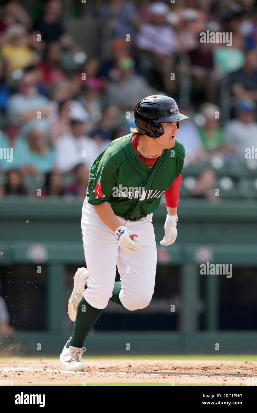 Third baseman Blaze Jordan (24) of the Greenville Drive bats in a game ...