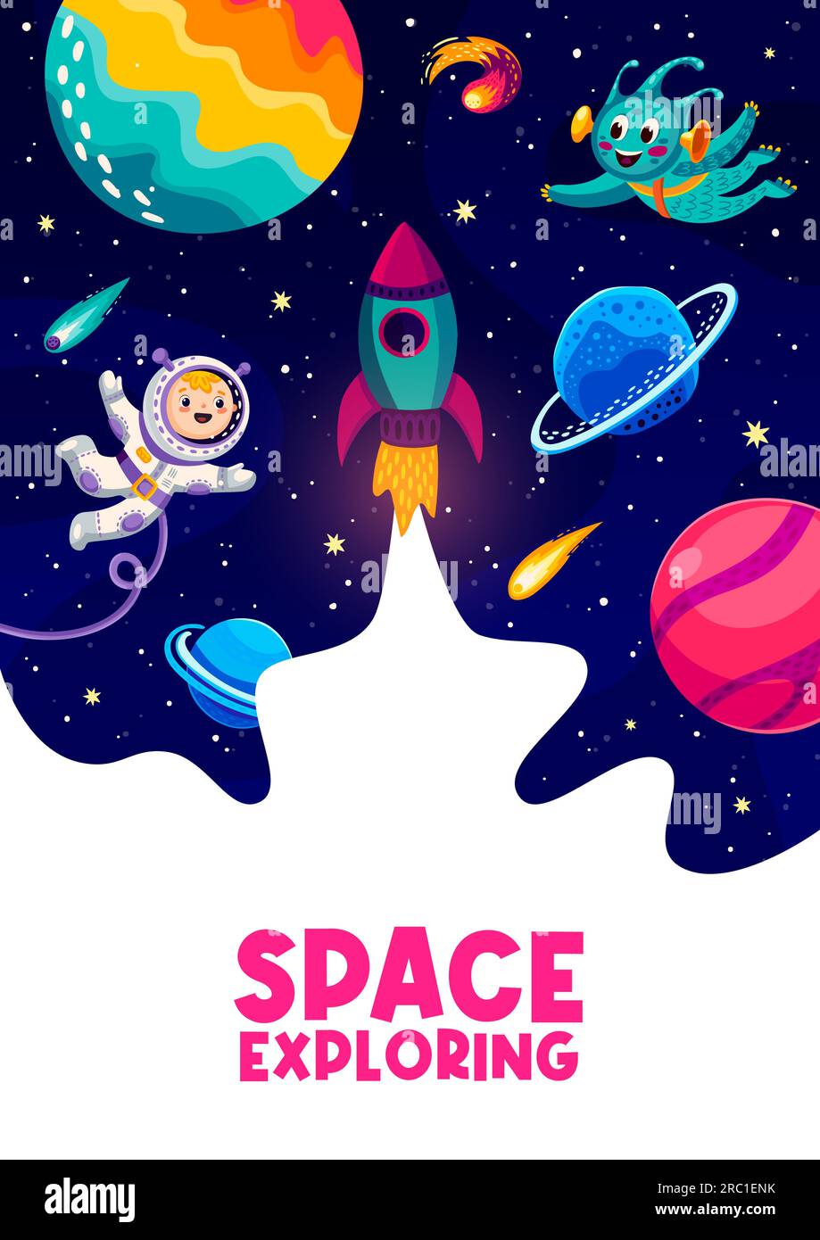 Cartoon space flyer with astronaut, alien and starry galaxy, planets ...