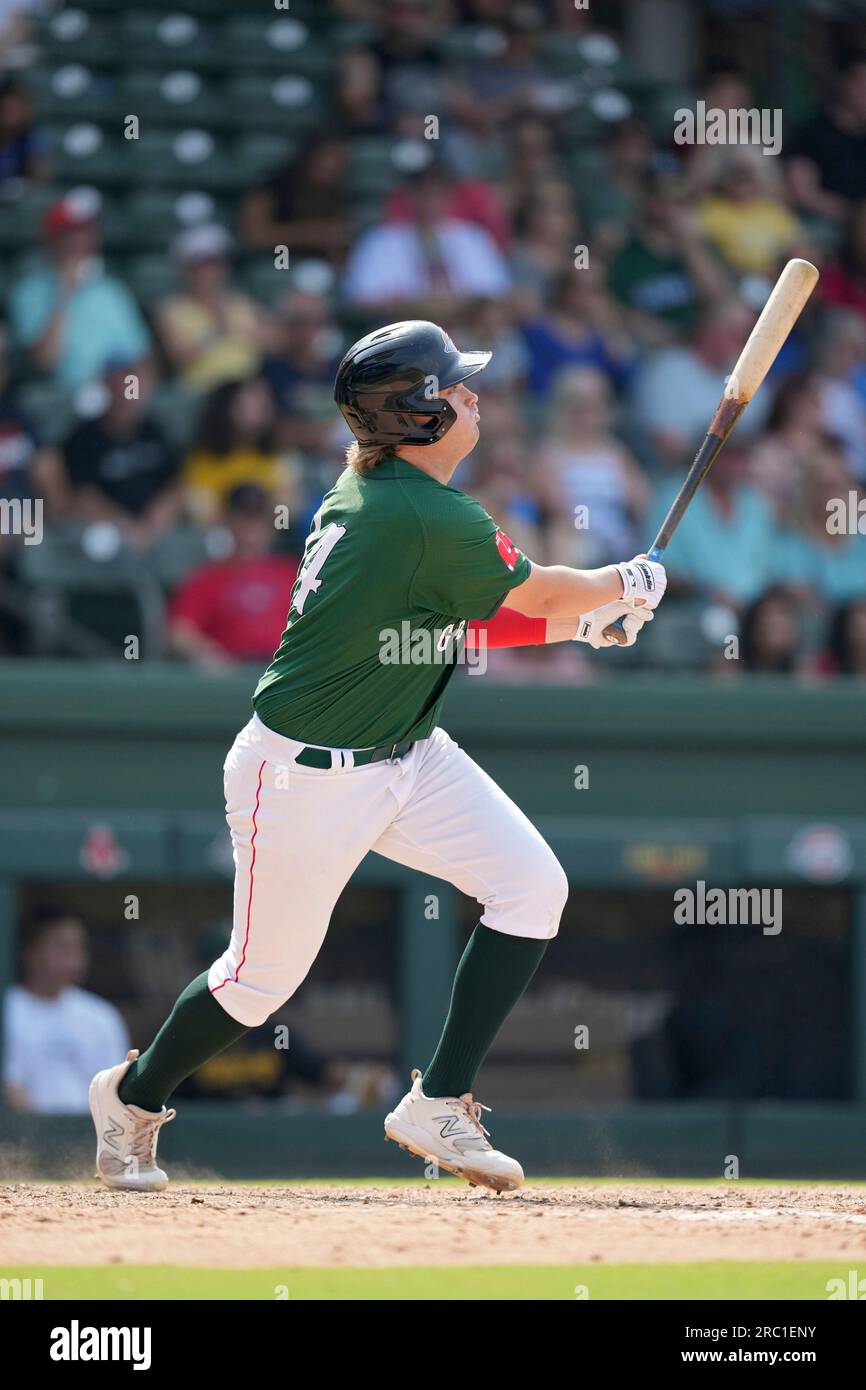 Third baseman Blaze Jordan (24) of the Greenville Drive bats in a game ...