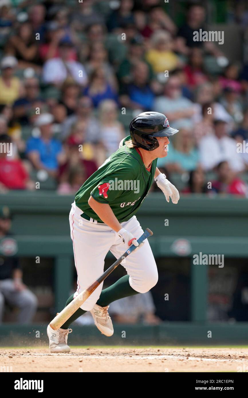 Third baseman Blaze Jordan (24) of the Greenville Drive bats in a game ...
