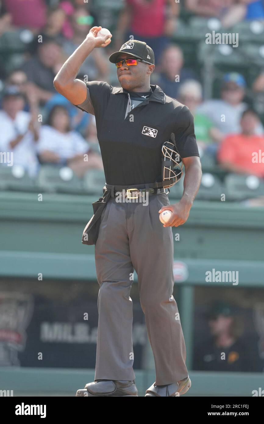 Umpire Jaylen Goodman works a game between the Greenville Drive and the ...