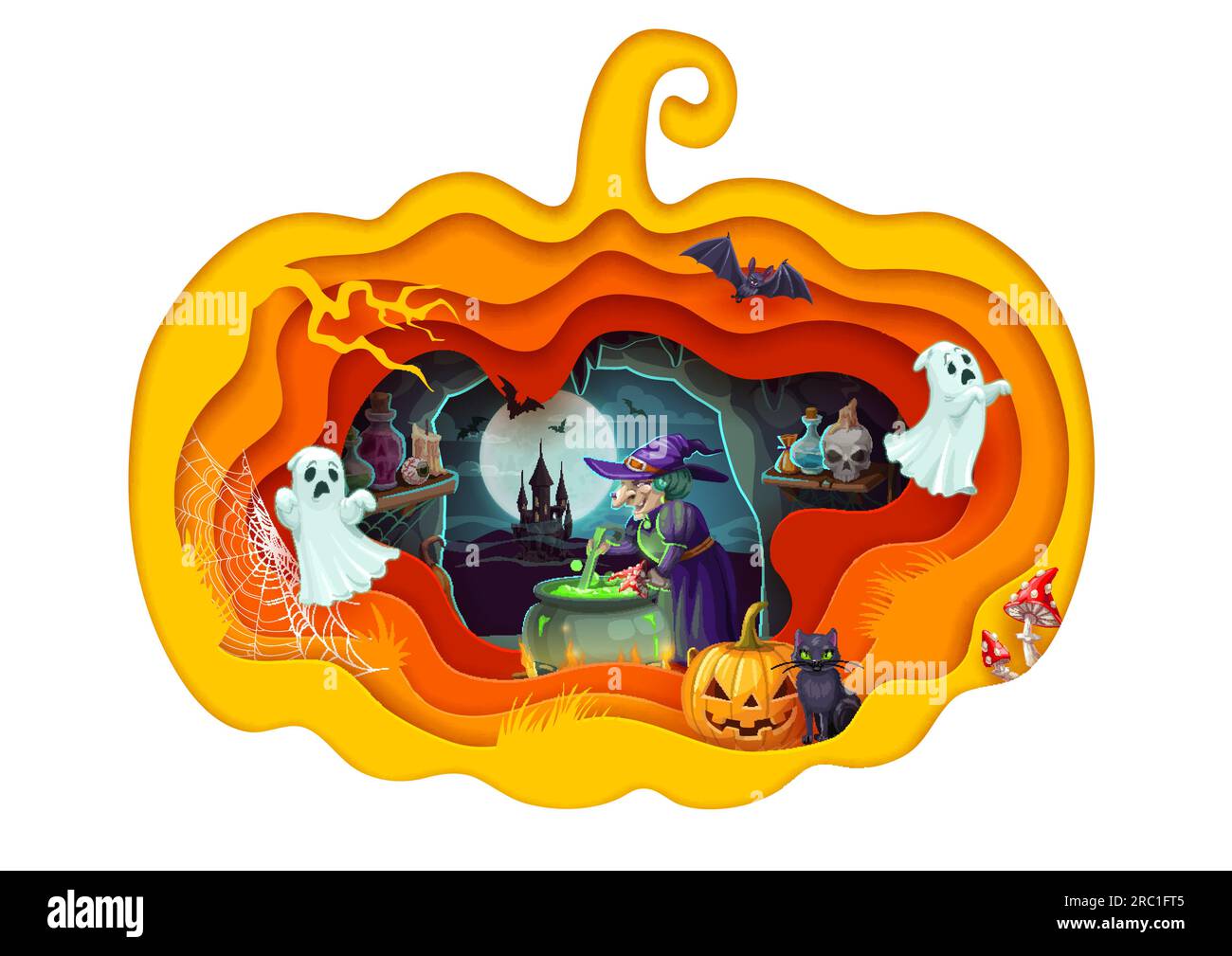 Halloween paper cut cartoon witch with magic potion pot in cave. Vector ...