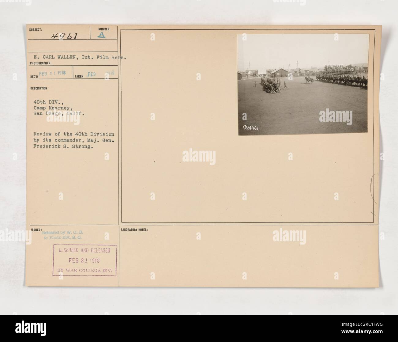 Image of Maj. Gen. Frederick S. Strong conducting a review of the 40th ...