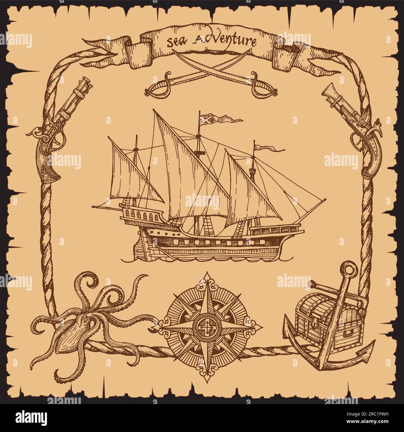 Vintage pirate vessel ship with rope frame in sketch, sea adventure ...