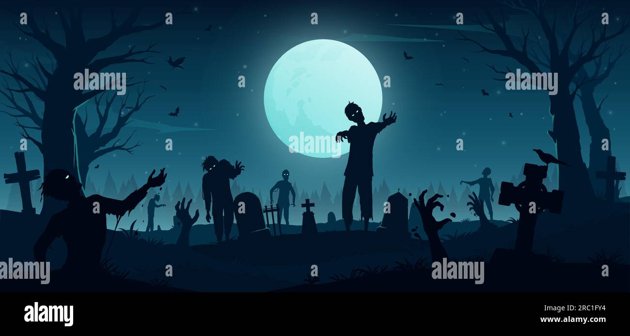 Halloween zombie horror graveyard. Scary dead apocalypse monsters ...