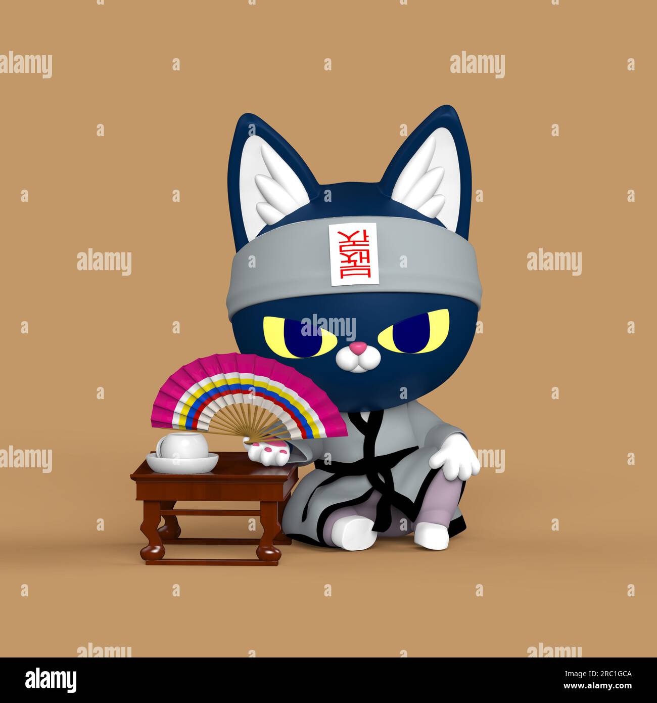 3d character, fortune-telling cat with folding fan Stock Photo - Alamy