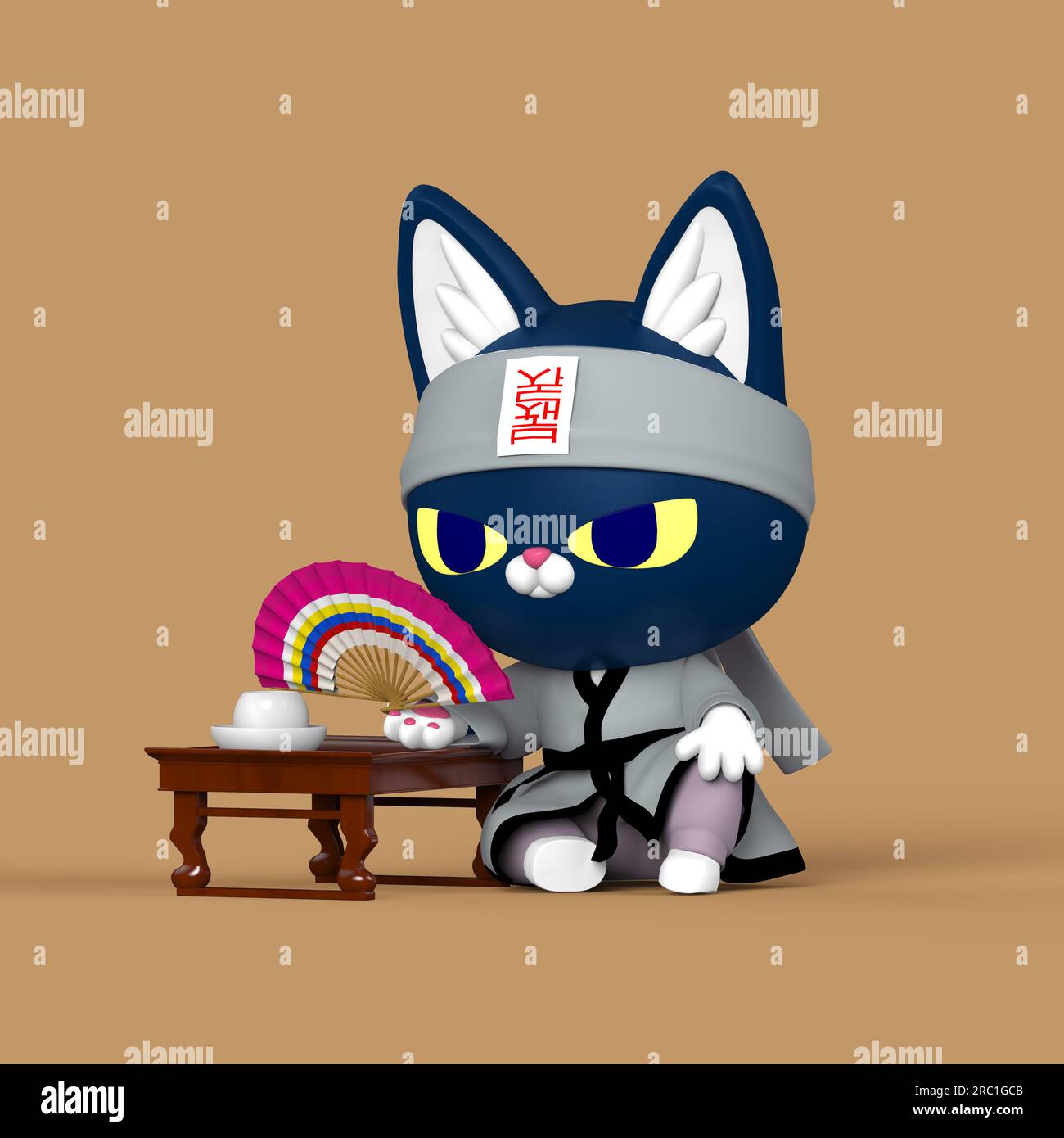 3d character, fortune-telling cat with folding fan Stock Photo - Alamy