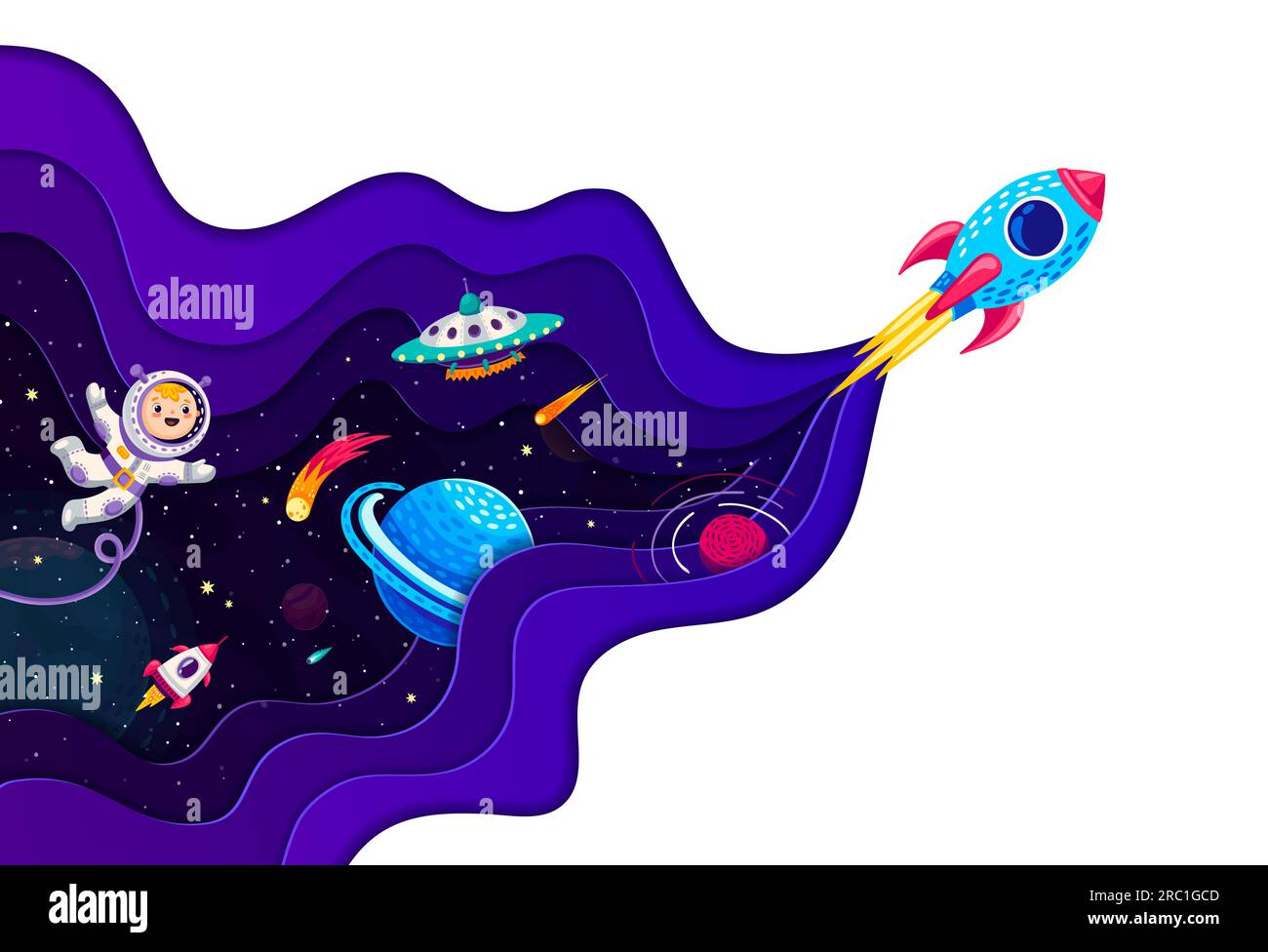 Space rocket launch. Cartoon astronaut, galaxy planets and ufo on space ...