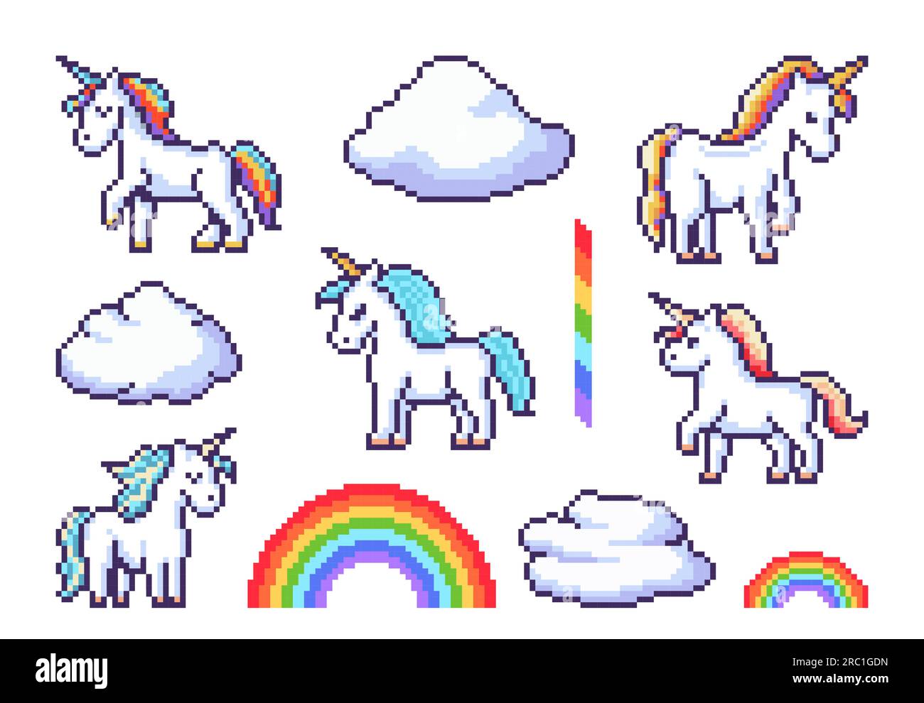 Fantasy pixel unicorns and rainbow, game stickers. Vector pixel art ...