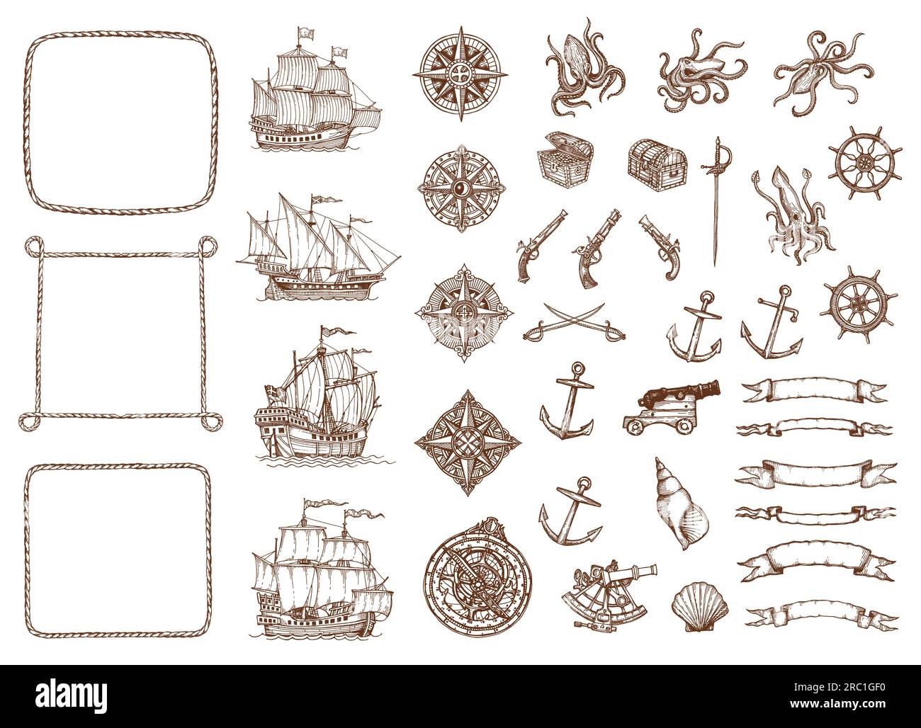Old vintage sketch map vessel ships, antique compass and seashells ...