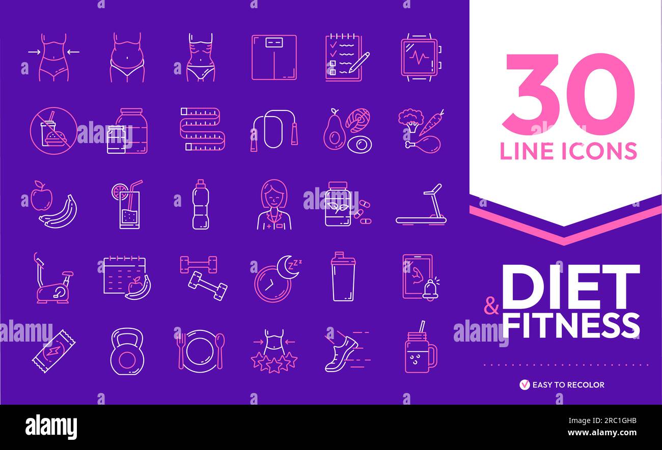 Outline icons of diet nutrition, healthy food and fitness sport, weight ...
