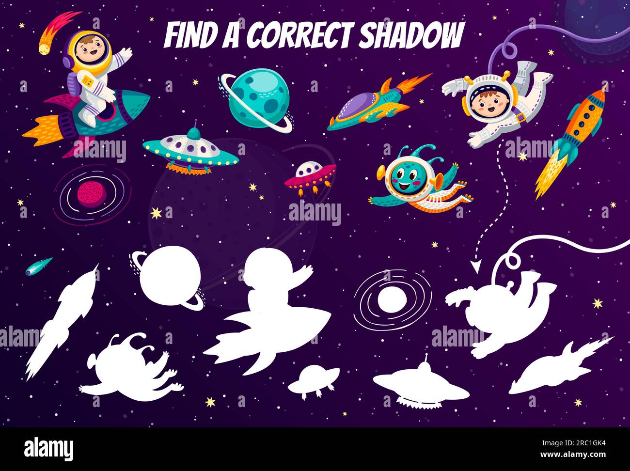 Find correct shadow in galaxy space, cartoon kid astronaut, alien UFO ...