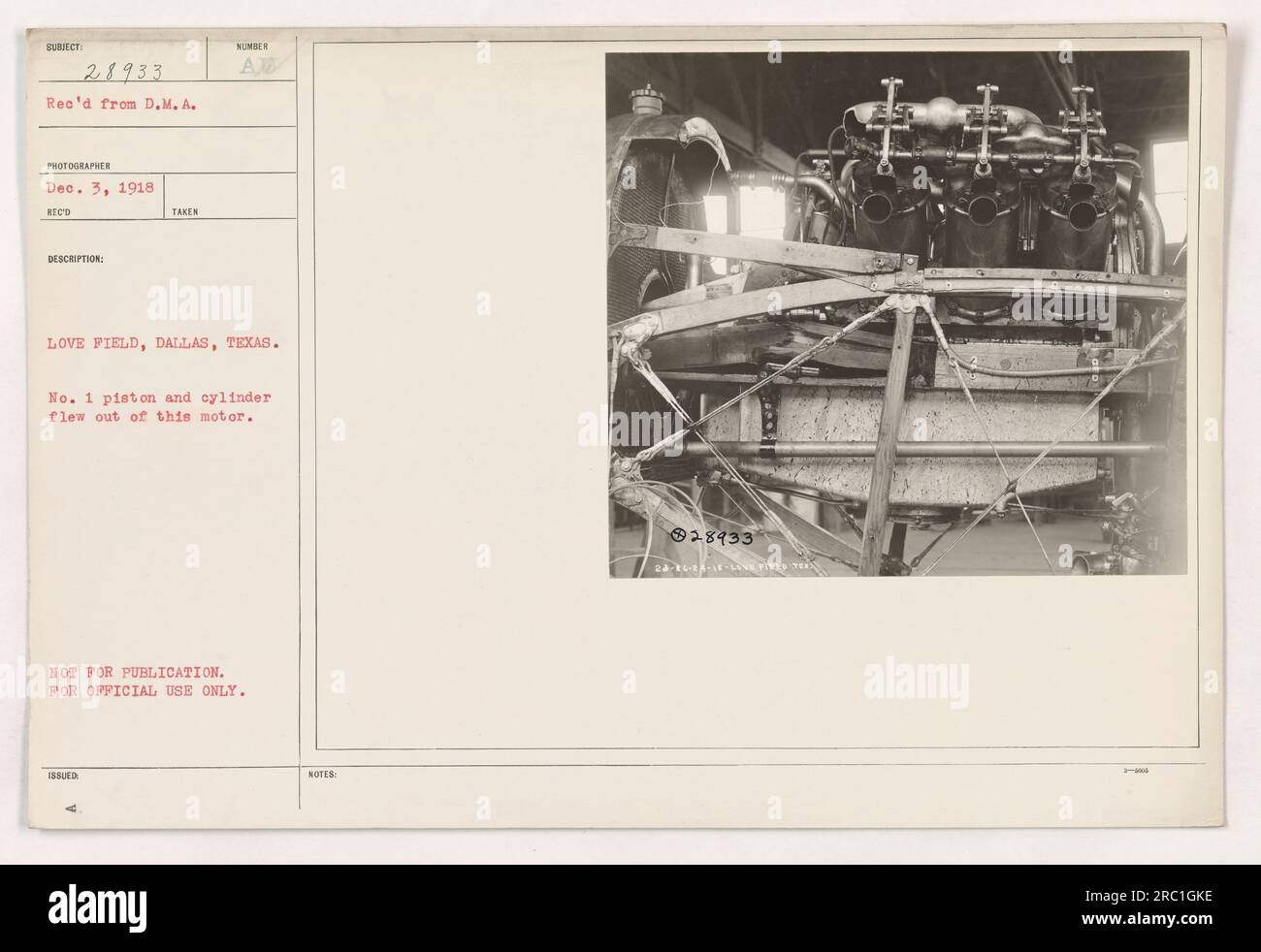 A damaged engine at Love Field, Dallas, Texas during World War One. The ...