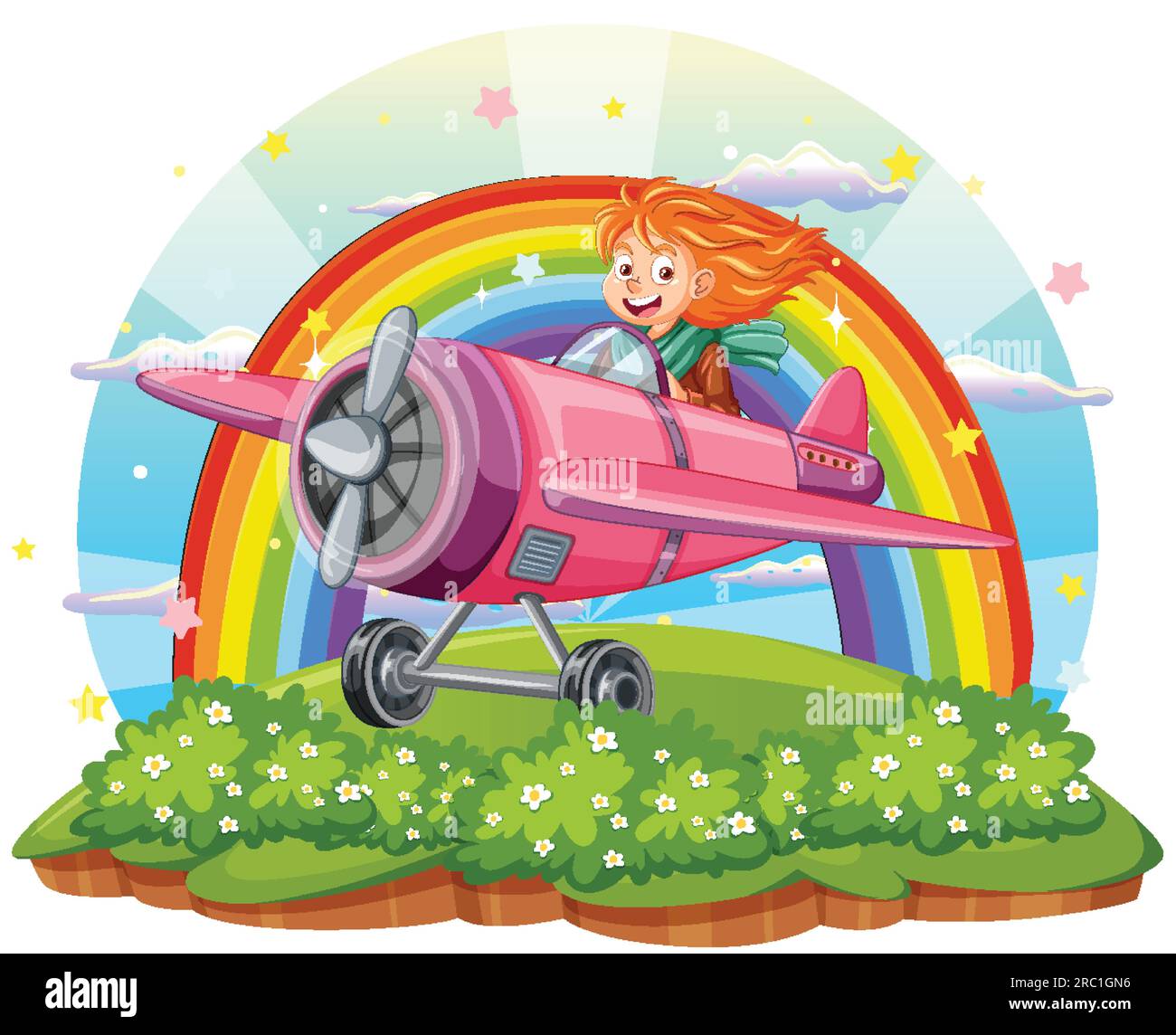 Cute girl flying airplane and land on the hill with rainbow background ...