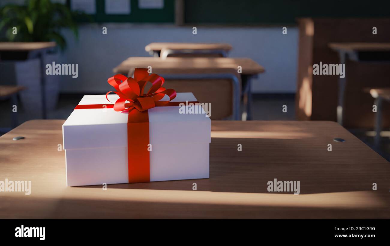 Gift box on desk in school classroom, 3d rendering Stock Photo - Alamy