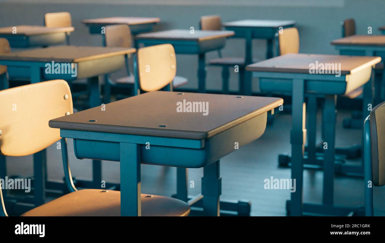 Empty school classroom desks and chairs, 3d rendering Stock Photo - Alamy