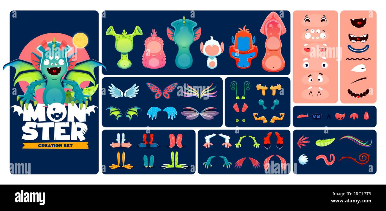 Monster creation kit. Cartoon monster character constructor with vector ...