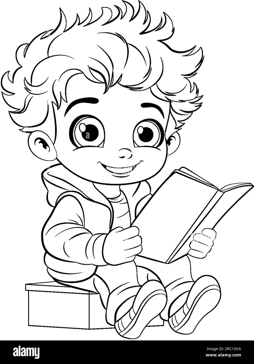 Cute Boy Reading Book Outline for Colouring illustration Stock Vector ...
