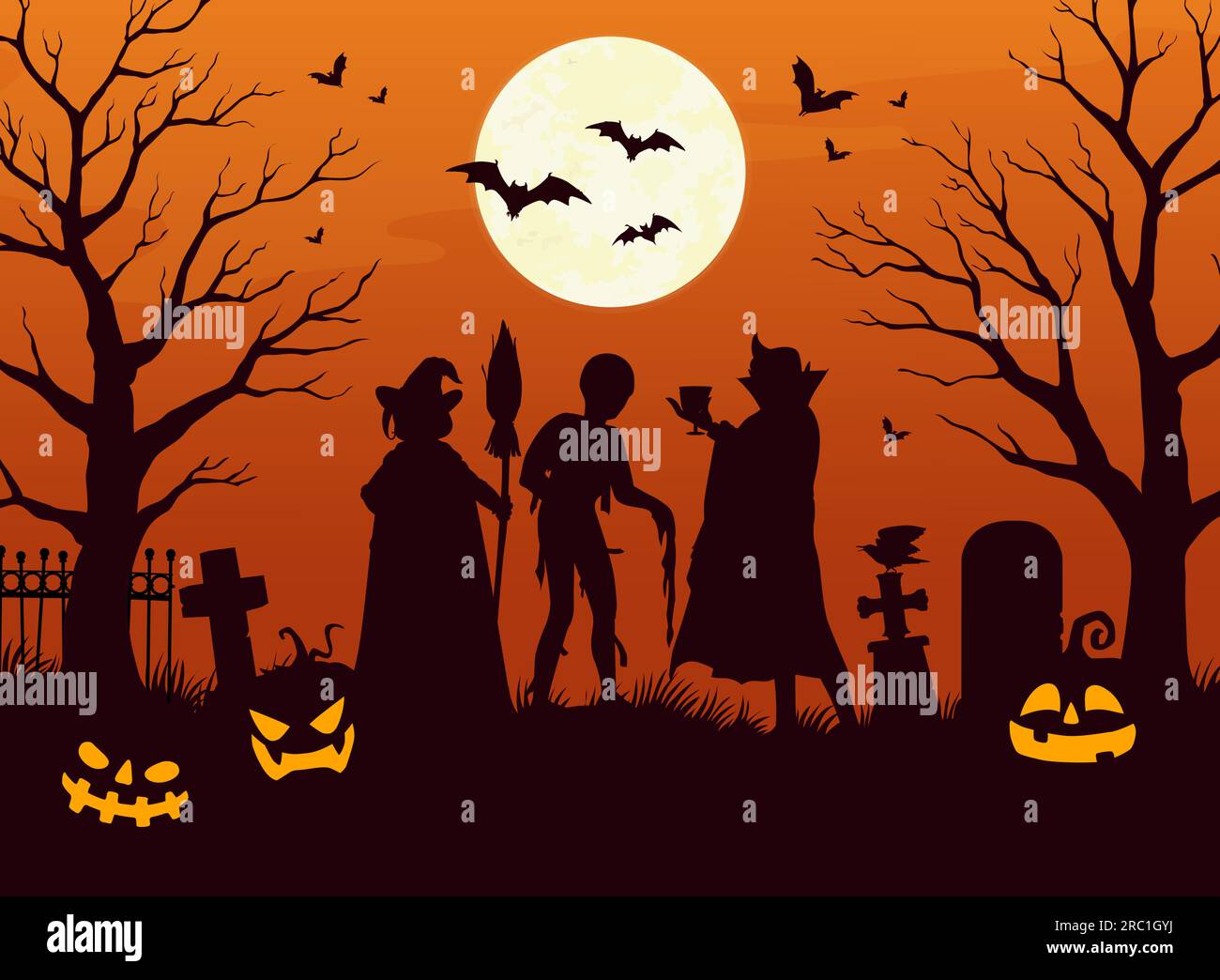 Halloween character silhouettes on cemetery of horror night holiday ...