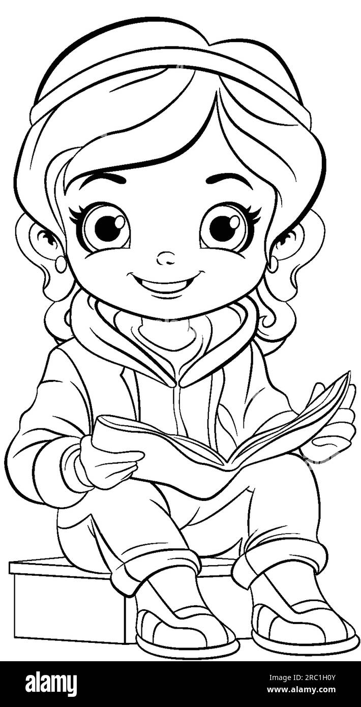 Girl cartoon reading book isolated doodle outline illustration Stock ...
