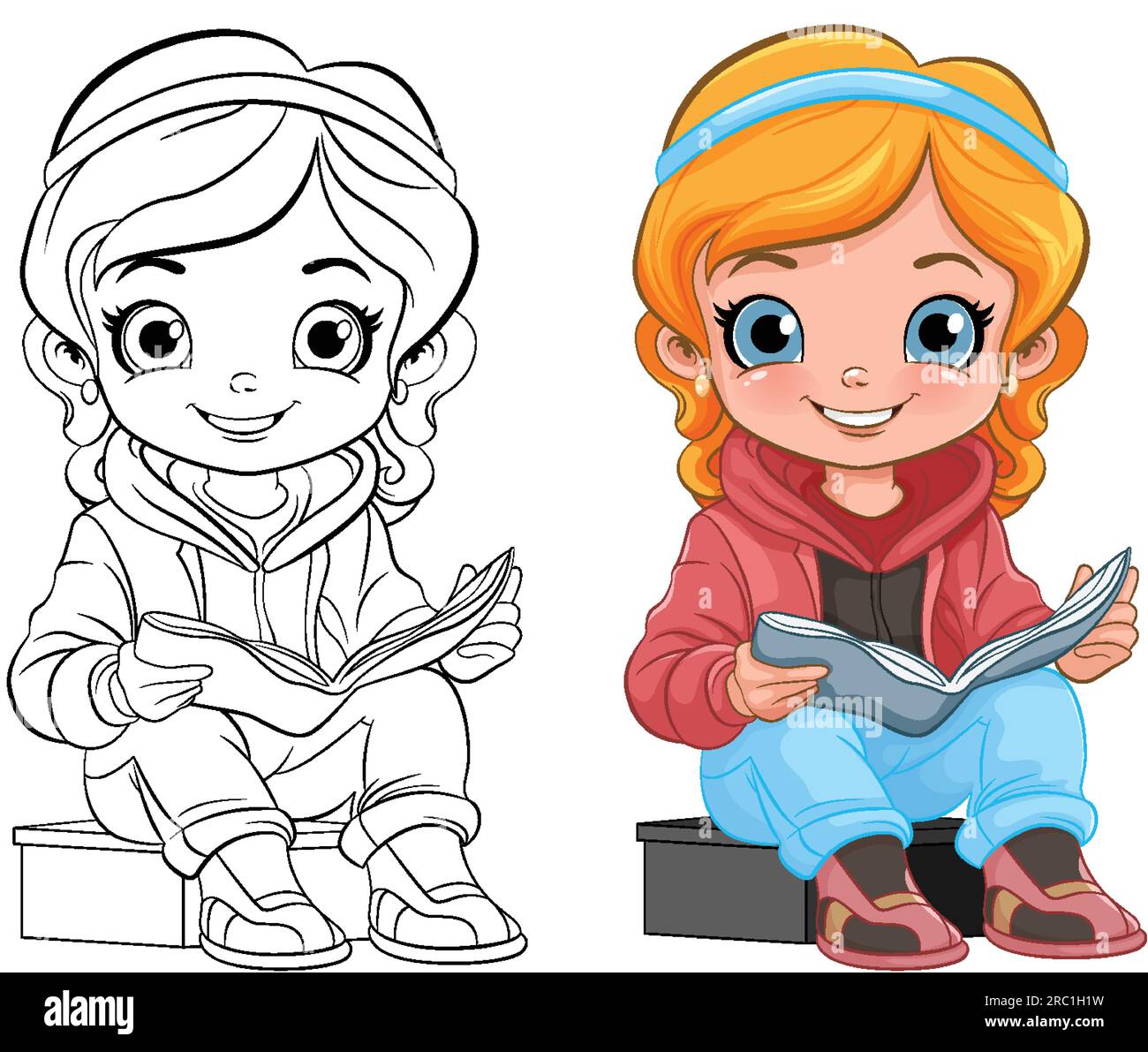 Girl cartoon reading book isolated and its doodle outline illustration ...