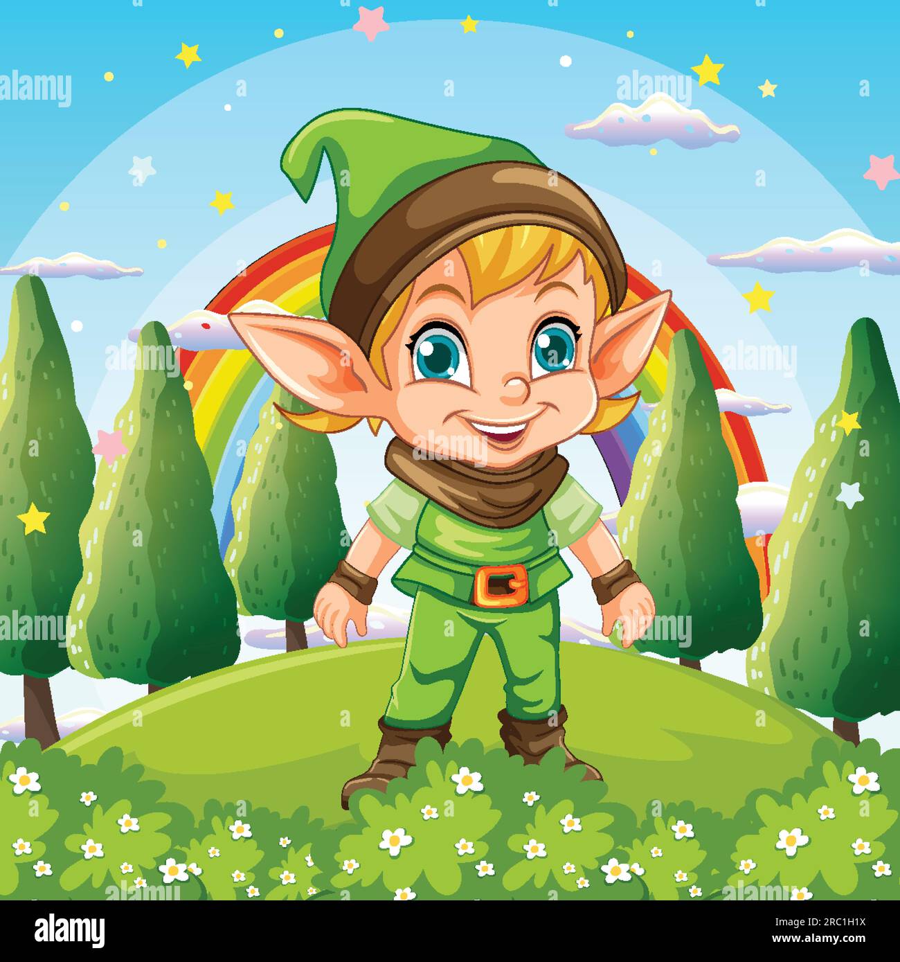 Cute Elf Boy Cartoon Character in the Scene illustration Stock Vector ...