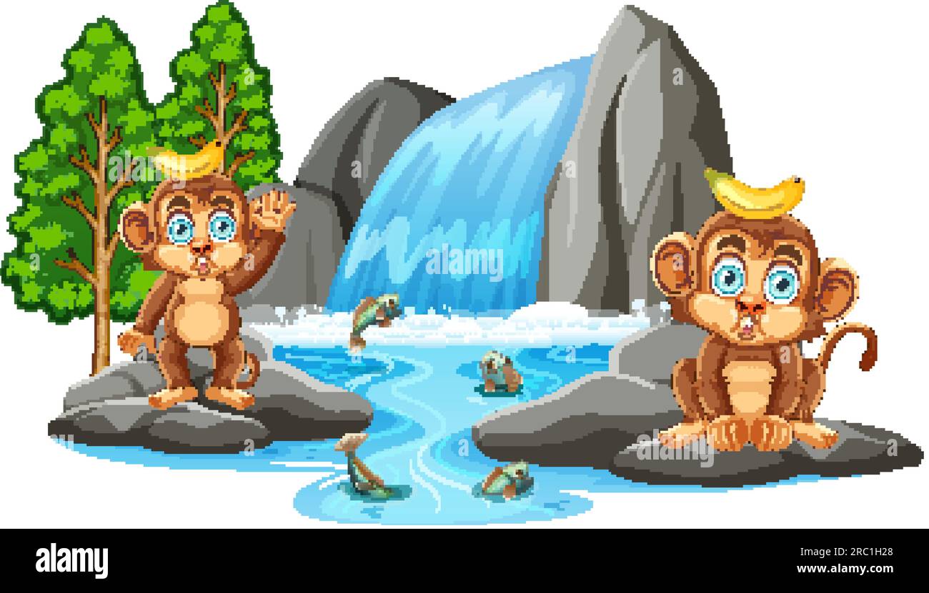 Funny Monkey at Waterfall Scene illustration Stock Vector Image & Art ...
