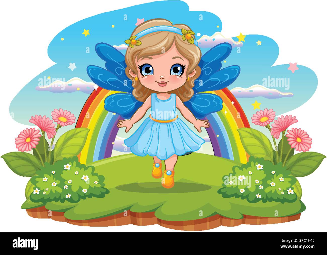Fairy Girl with Wings Standing in the Meadow illustration Stock Vector ...