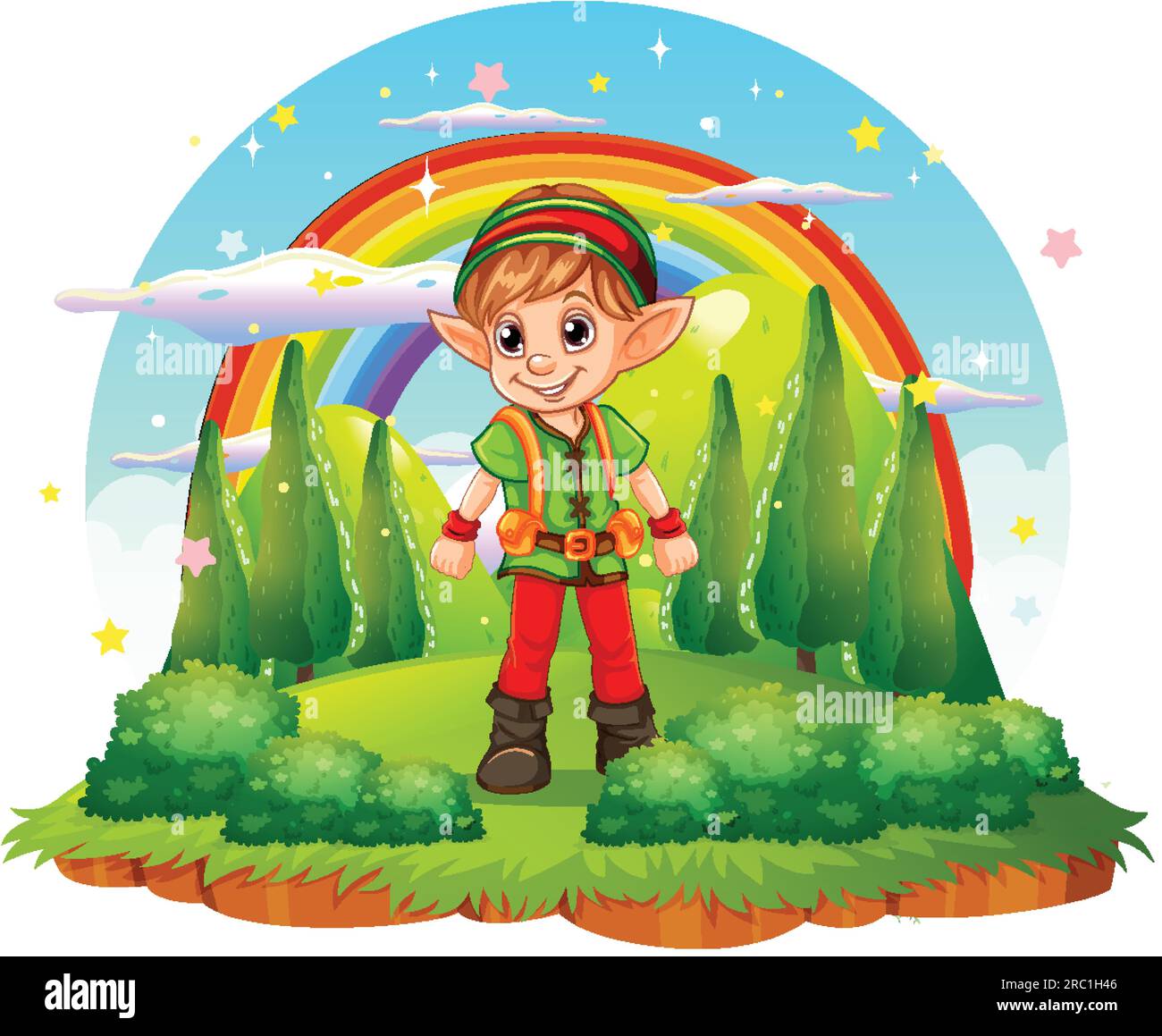 Elf boy cartoon character with small nature scene illustration Stock ...