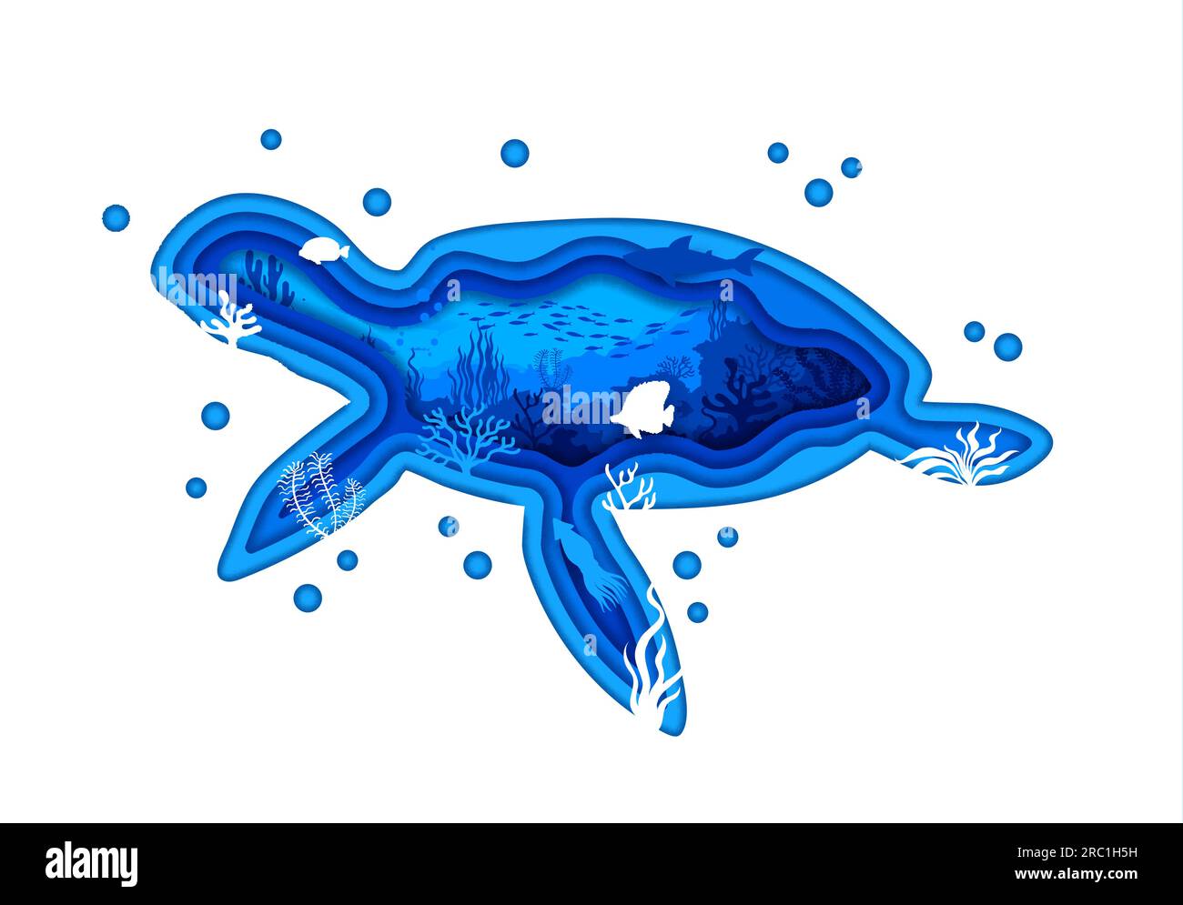 Cartoon sea turtle paper cut silhouette and underwater landscape in ...