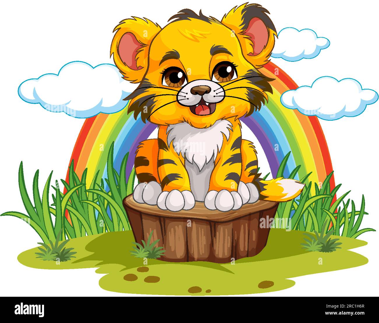 Baby Tiger in Sitting Pose with Rainbow Background illustration Stock ...