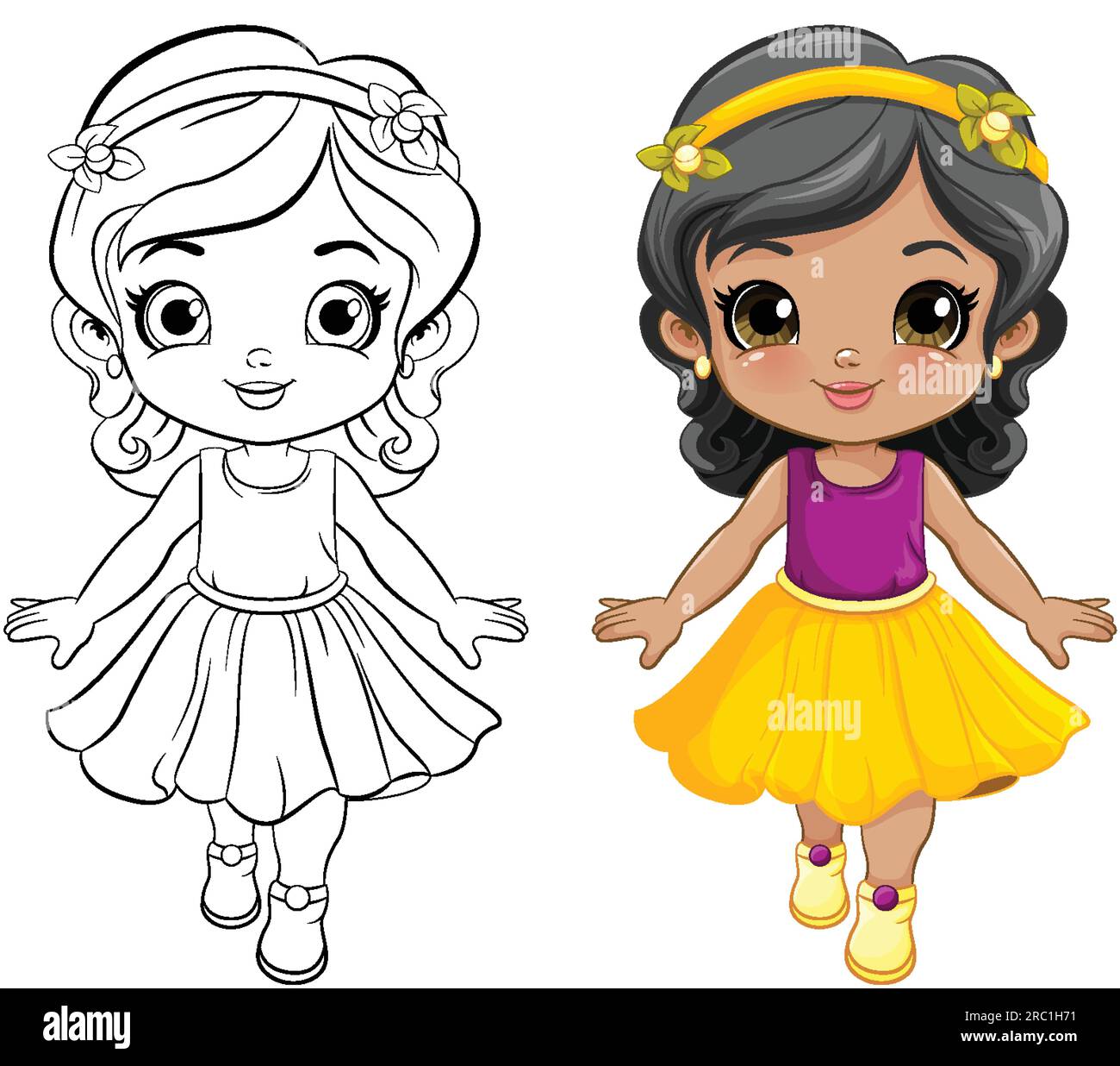 Cute Girl in Beautiful Dress Outline for Colouring illustration Stock ...