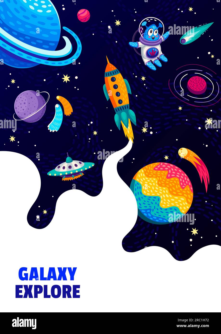 Space poster. Cartoon alien, UFO, spaceship and space planets with ...