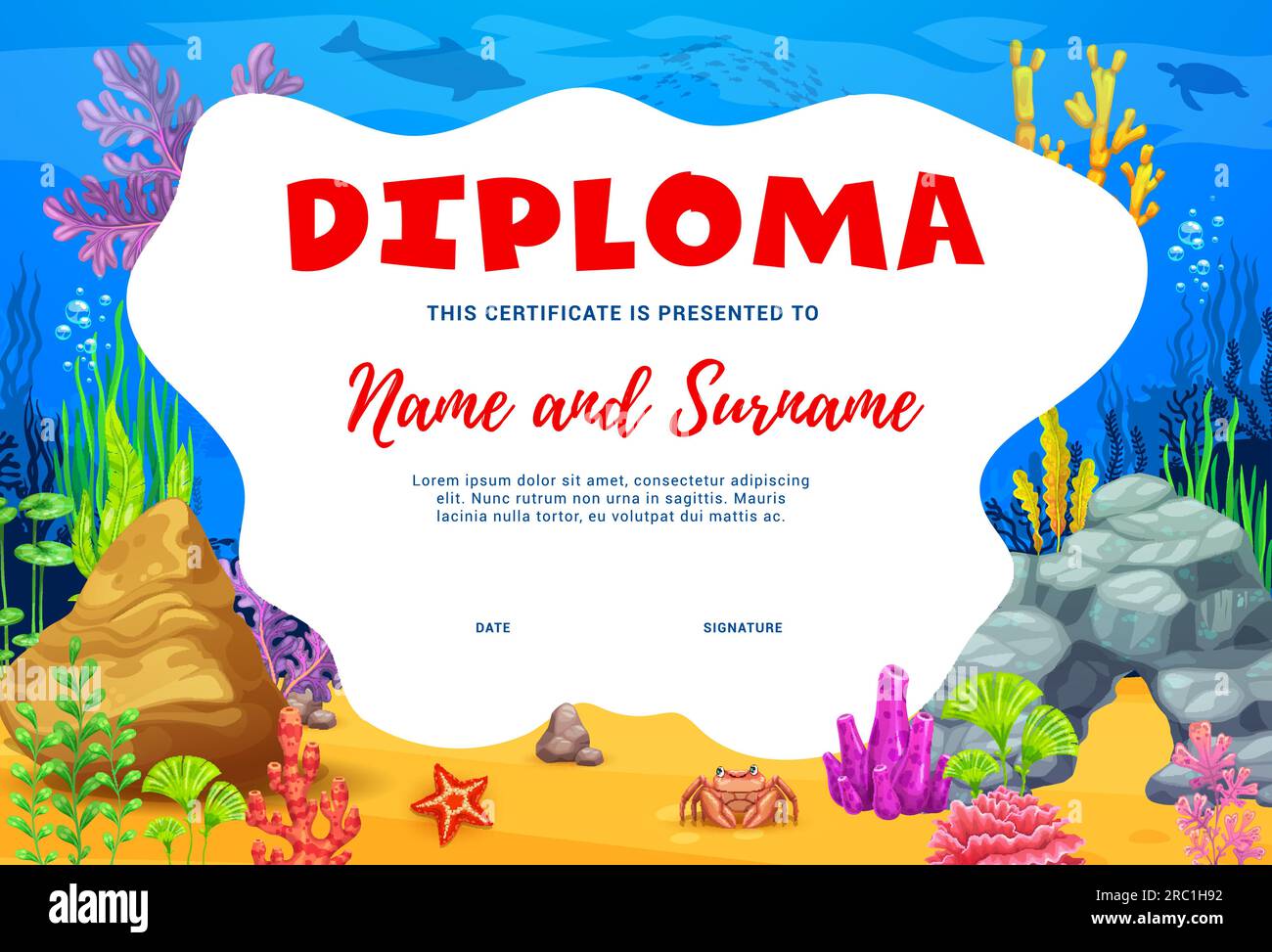 Kids diploma with underwater landscape, corals and seaweeds. Education ...