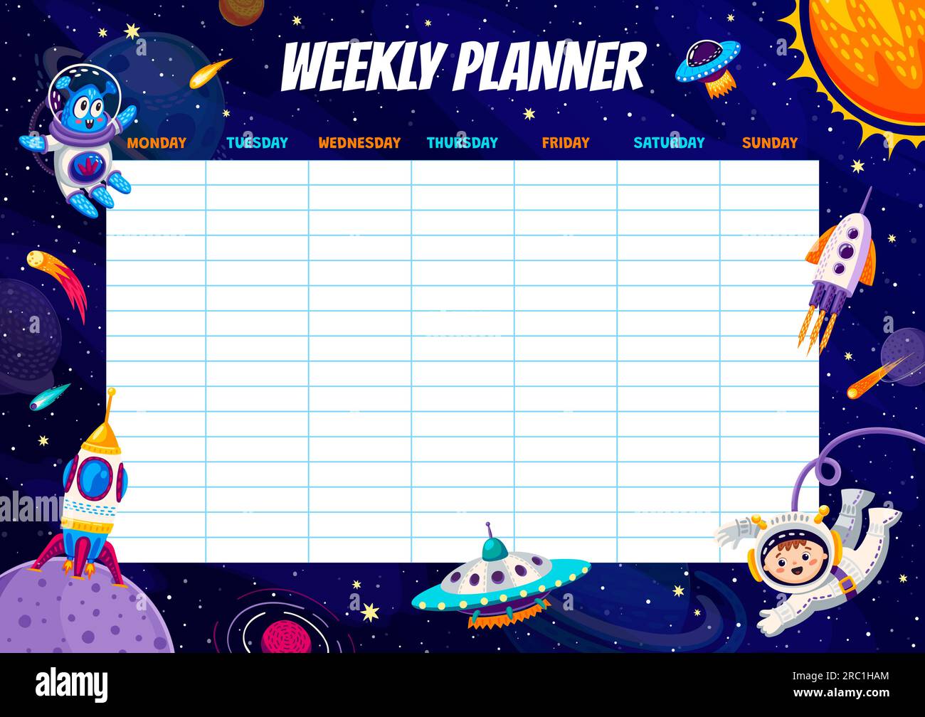 Weekly planner, cartoon space characters, planets and spaceships ...