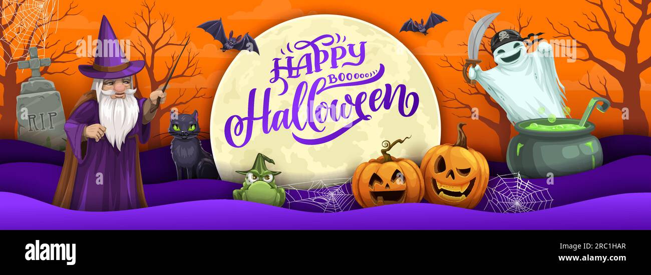 Halloween paper cut banner with cartoon wizard, ghost and pumpkins ...