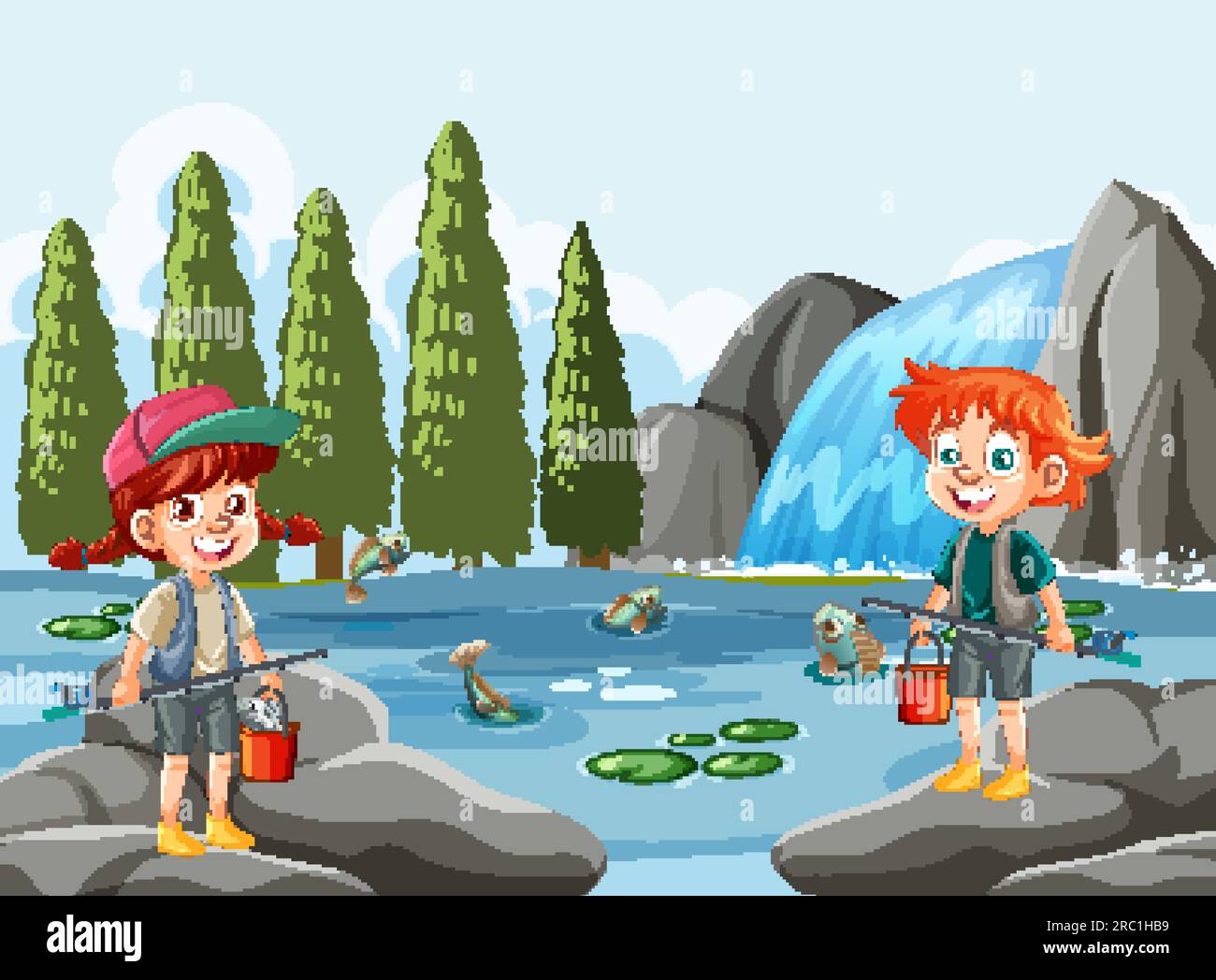 Kids Cartoon Characters Exploring Pond in Forest Scene illustration ...